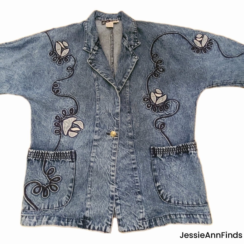 Vintage 80s 90s Vanna White Acid Wash Denim Floral Em… - Gem